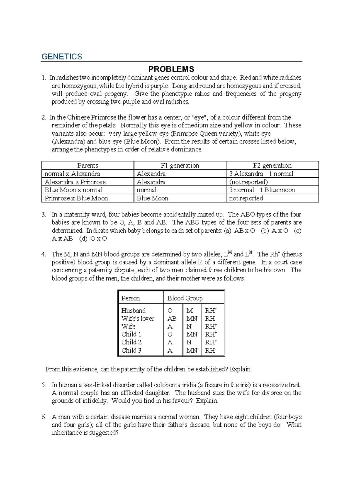 Genetics tut - EASY - GENETICS PROBLEMS In radishes two incompletely ...