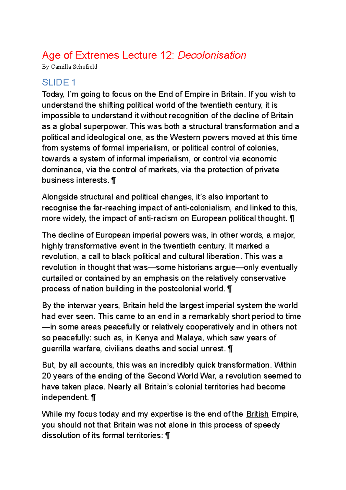 Lecture 12 Decolanisation Slides - Age of Extremes Lecture 12 ...