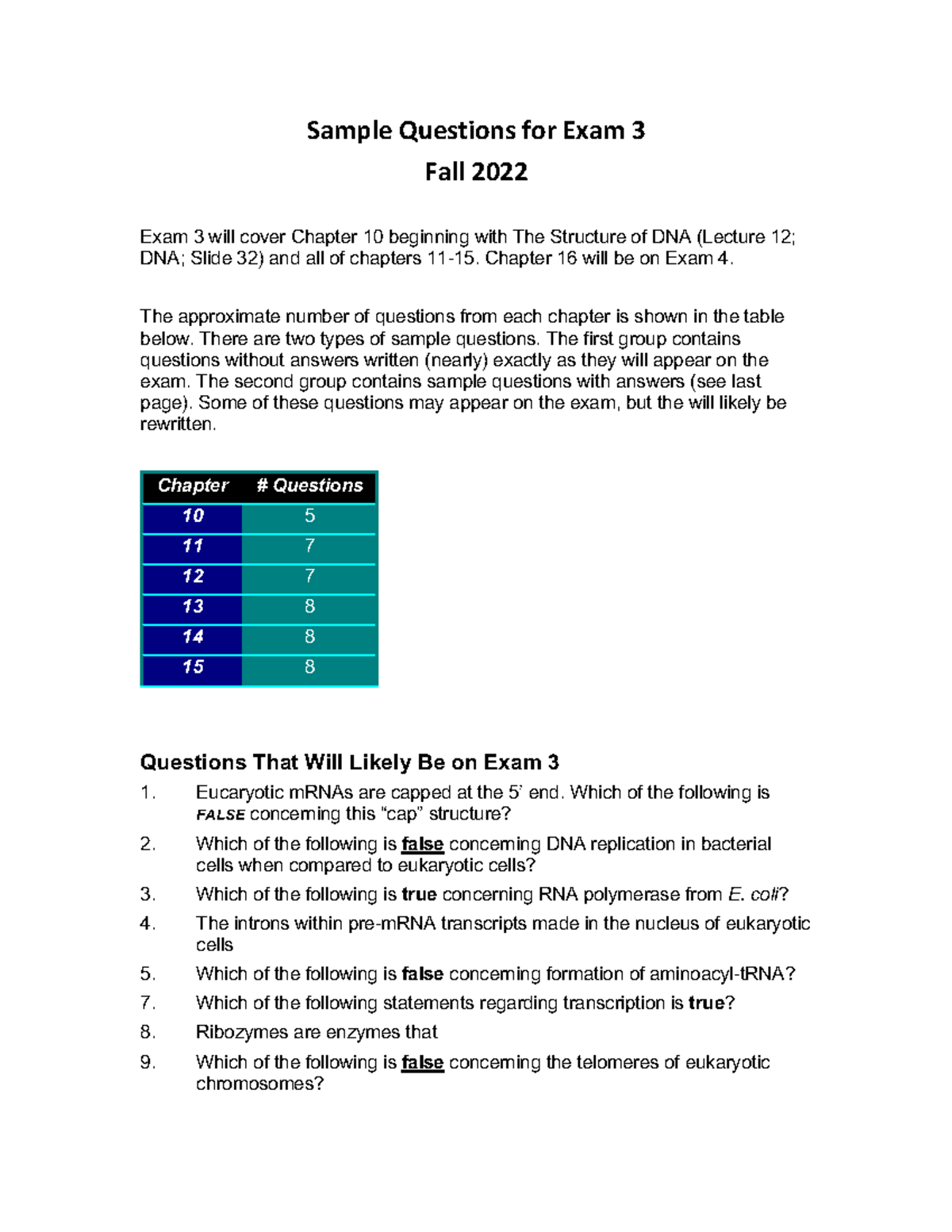 Exam+3+Sample+Questions - Sample Questions for Exam 3 Fall 2022 Exam 3 ...