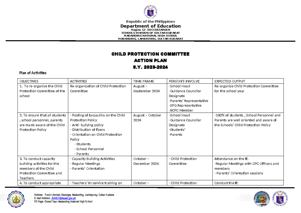 Child Protection Committee Action PLAN - Address: Purok Libertad ...