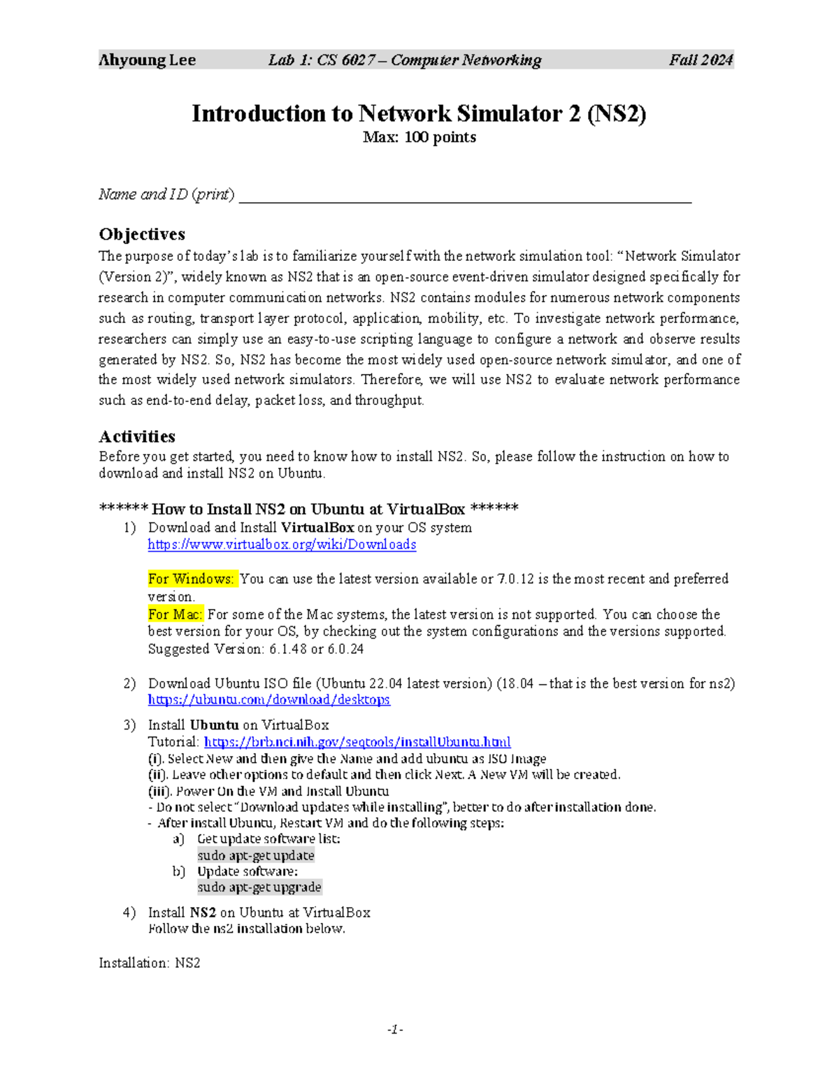 Lab ex01-new-updated-Jan2024 - Introduction to Network Simulator 2 (NS2) Max: 100 points Name ...