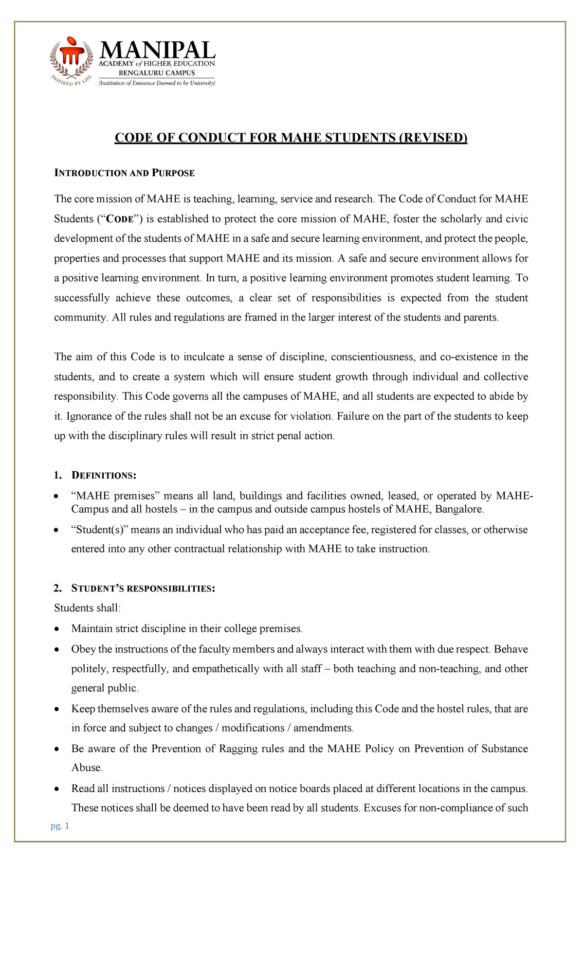 Code of Conduct MAHE Blr Circulation - CODE OF CONDUCT FOR MAHE ...