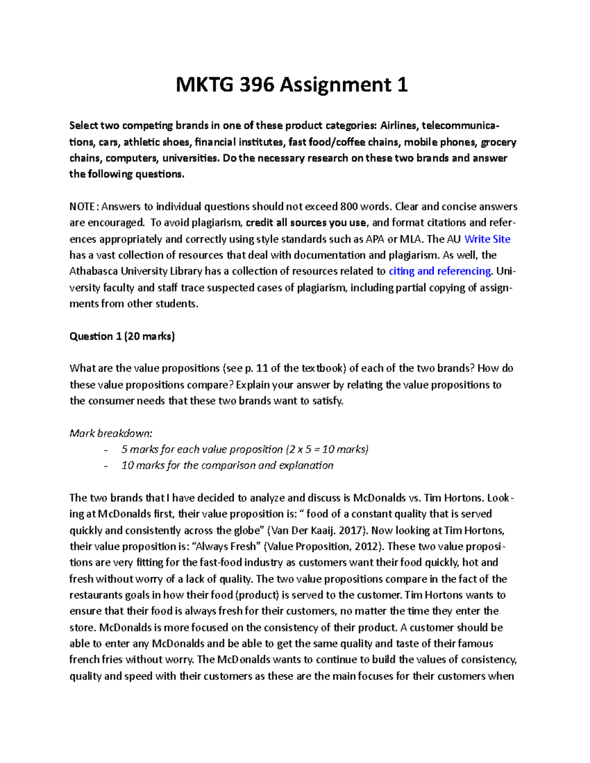 MKTG 396 Assignment 1 - MKTG 396 Assignment 1 Select two competing ...
