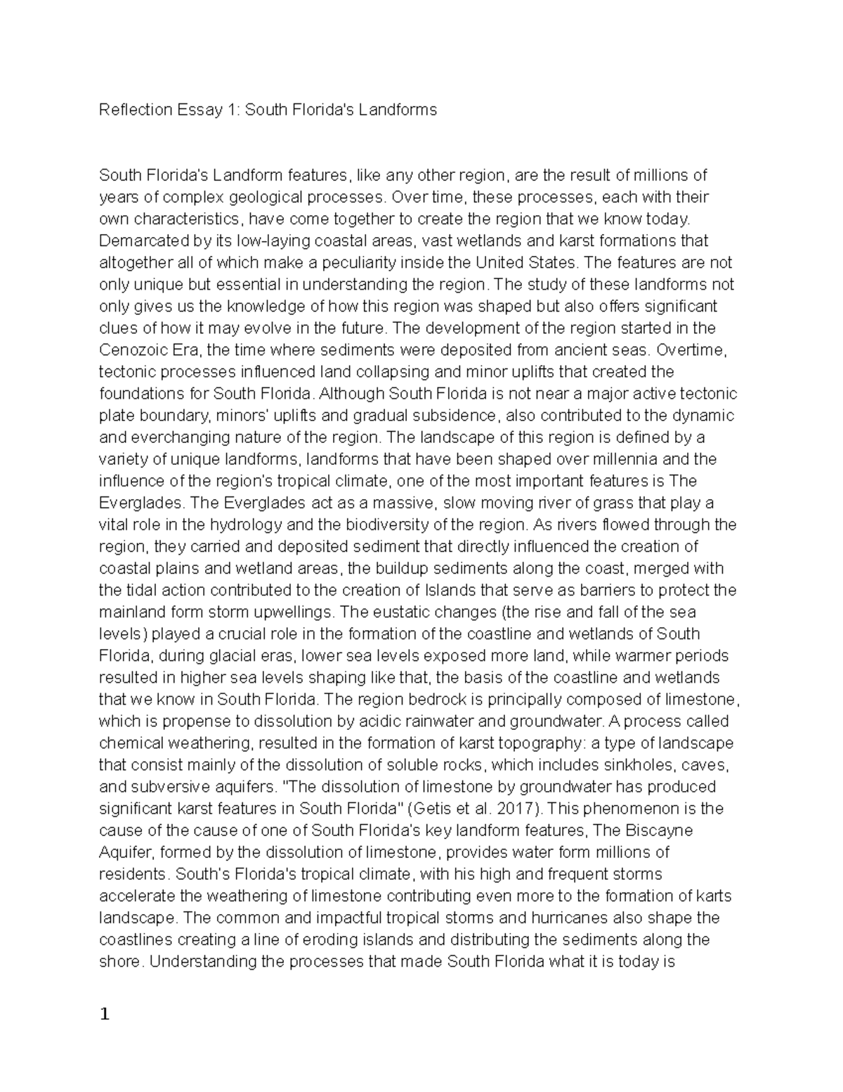 Reflection Essay 1 - Intro to Geography - Reflection Essay 1: South ...