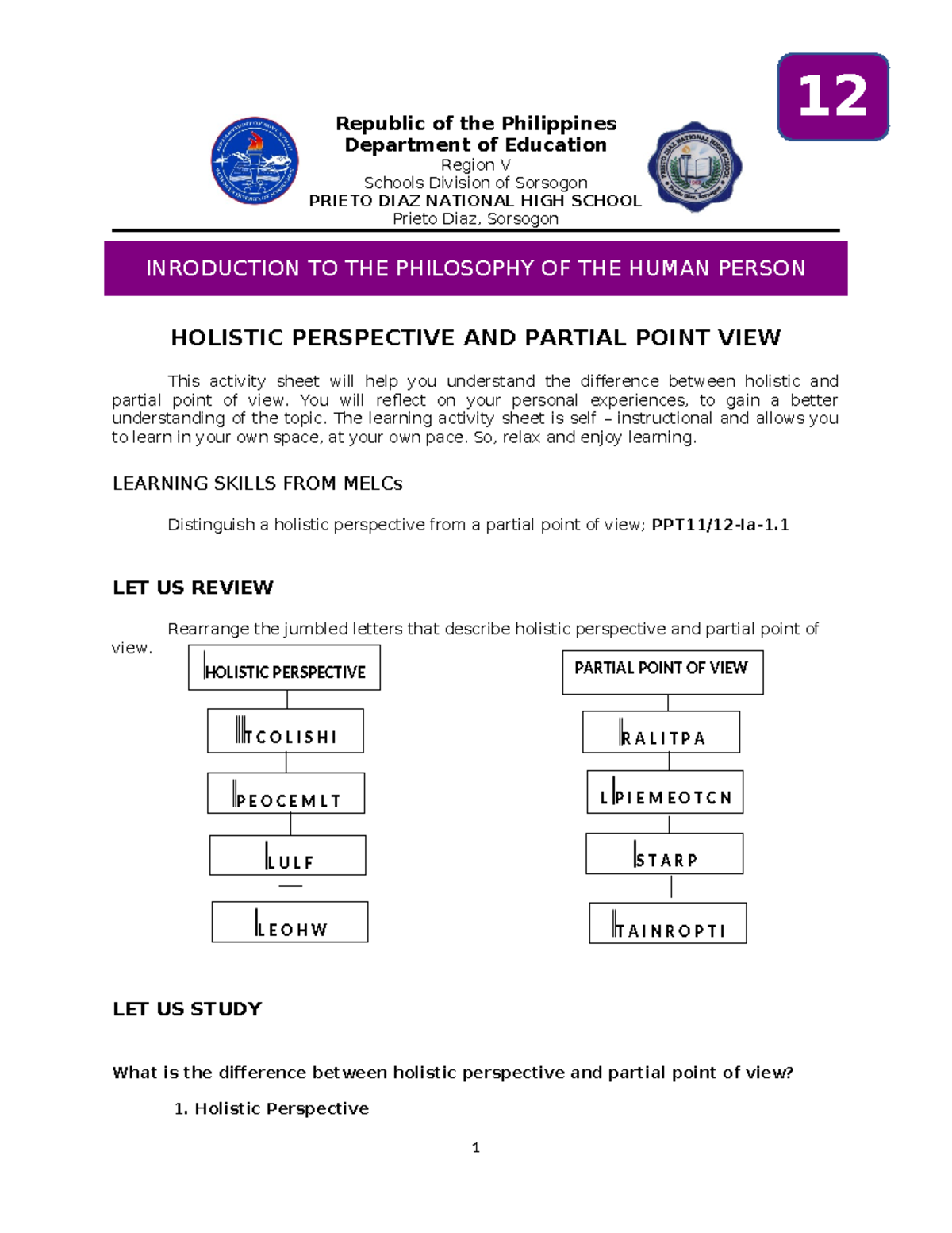Philo LAS 1 - Learning Activity Sheets - Republic of the Philippines ...
