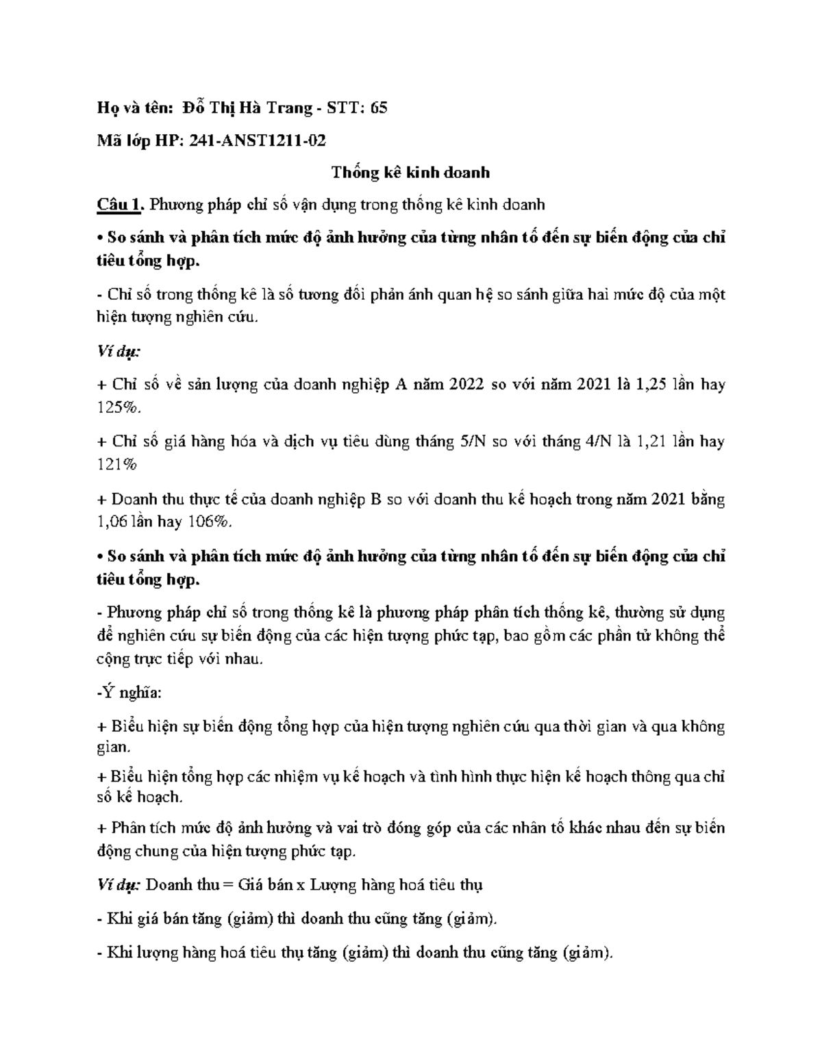 thống kê kinh doanh - Họ và tên: Đỗ Thị Hà Trang - STT: 65 Mã lớp HP ...