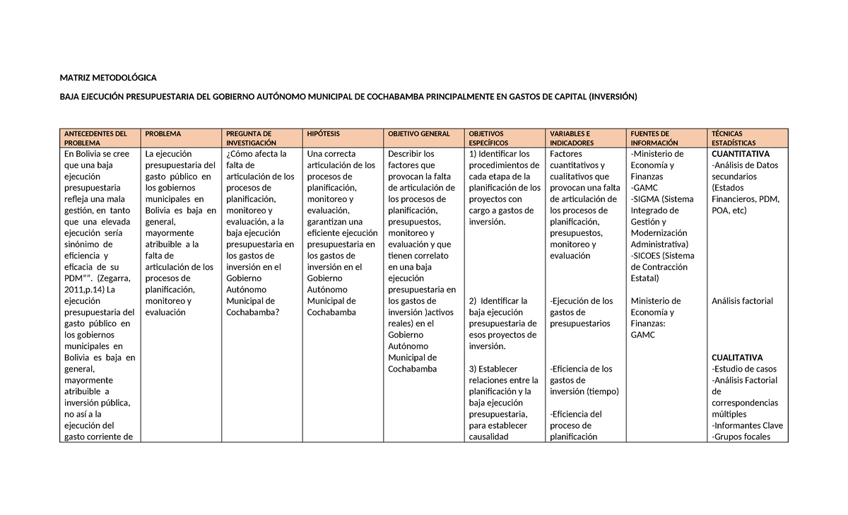 Matriz Metodológica II - MATRIZ METODOLÓGICA BAJA EJECUCIÓN ...