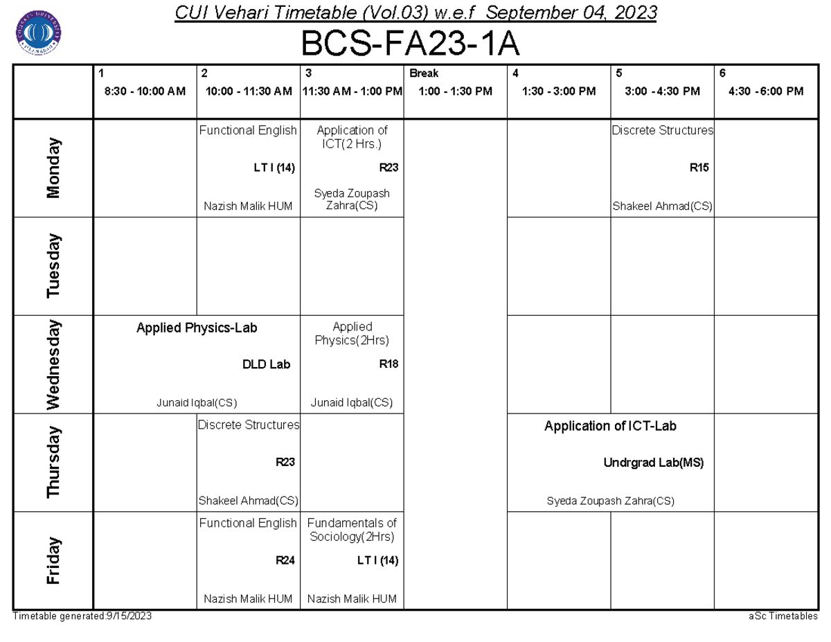 CUI Timetable. V3 - Rhrh - Application of ICT(2 Hrs.) Syeda Zoupash ...