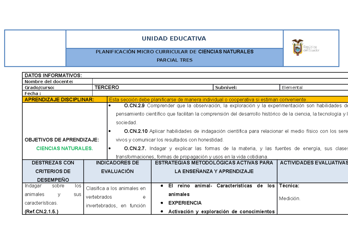 3ERO- Micro P3 - CCNN - PLANIFICACIÒN - UNIDAD EDUCATIVA PLANIFICACIÓN MICRO CURRICULAR DE ...