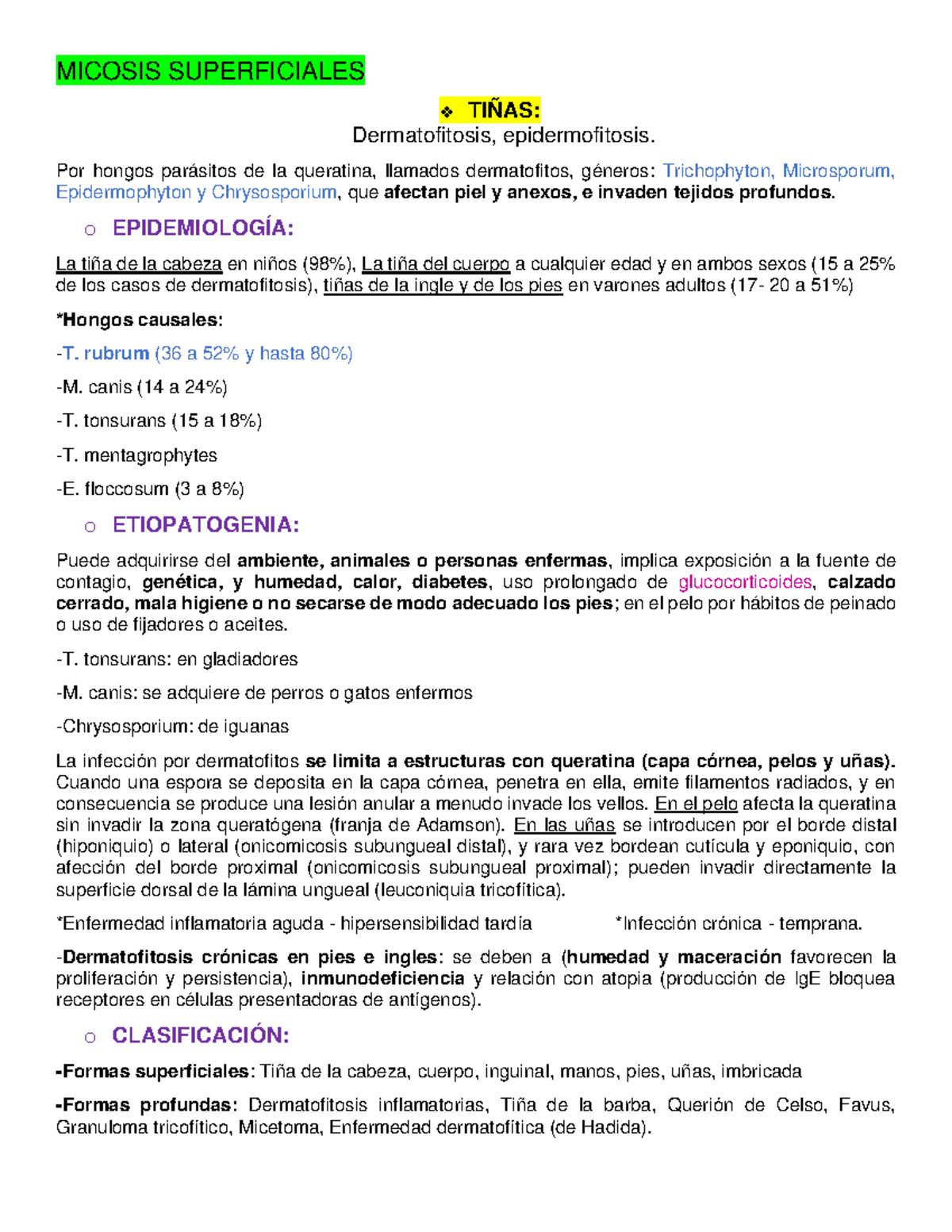 - Resumen Patologías Derma-T - MICOSIS SUPERFICIALES TIÑAS ...