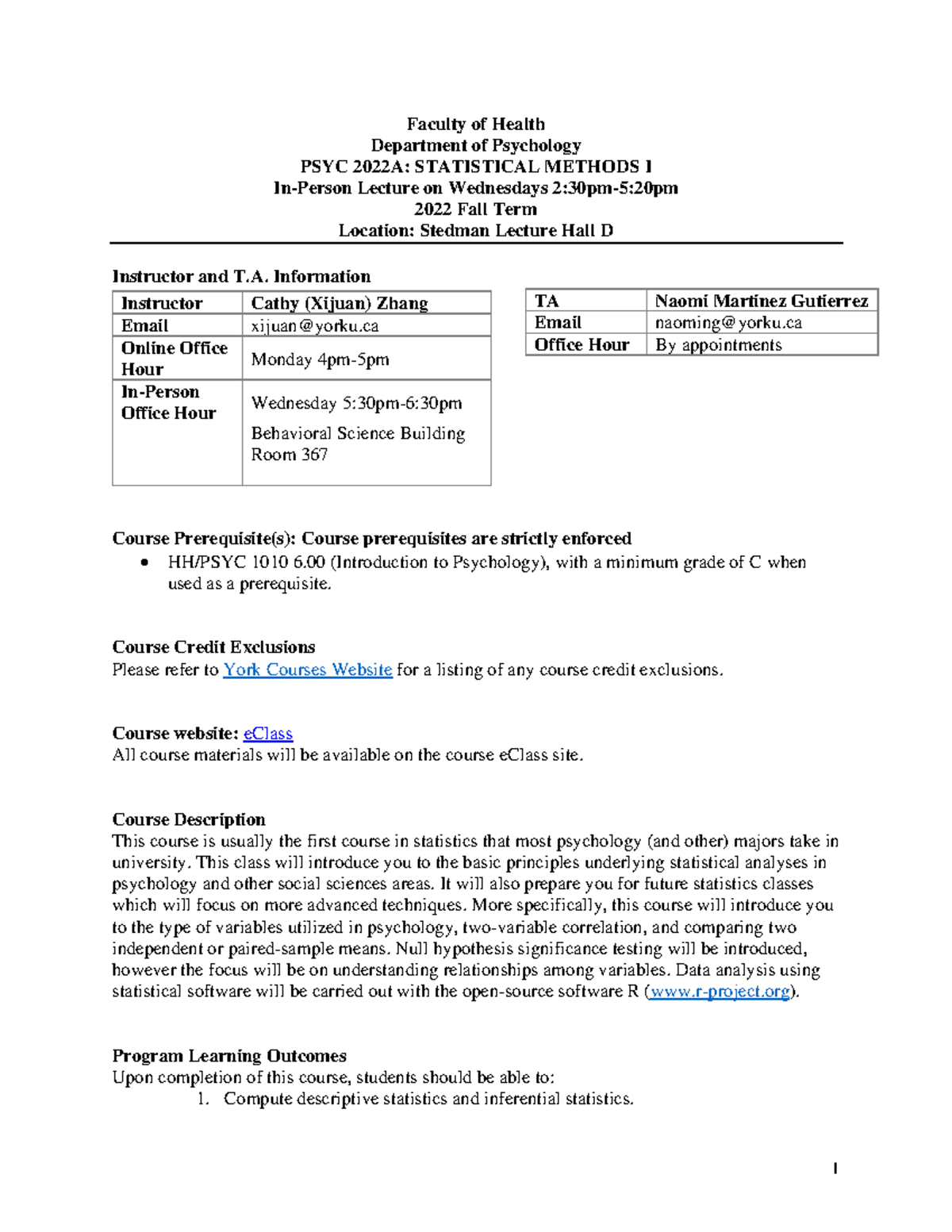 PSYC-2021A F22 Zhang - Faculty of Health Department of Psychology PSYC 2022A: STATISTICAL ...