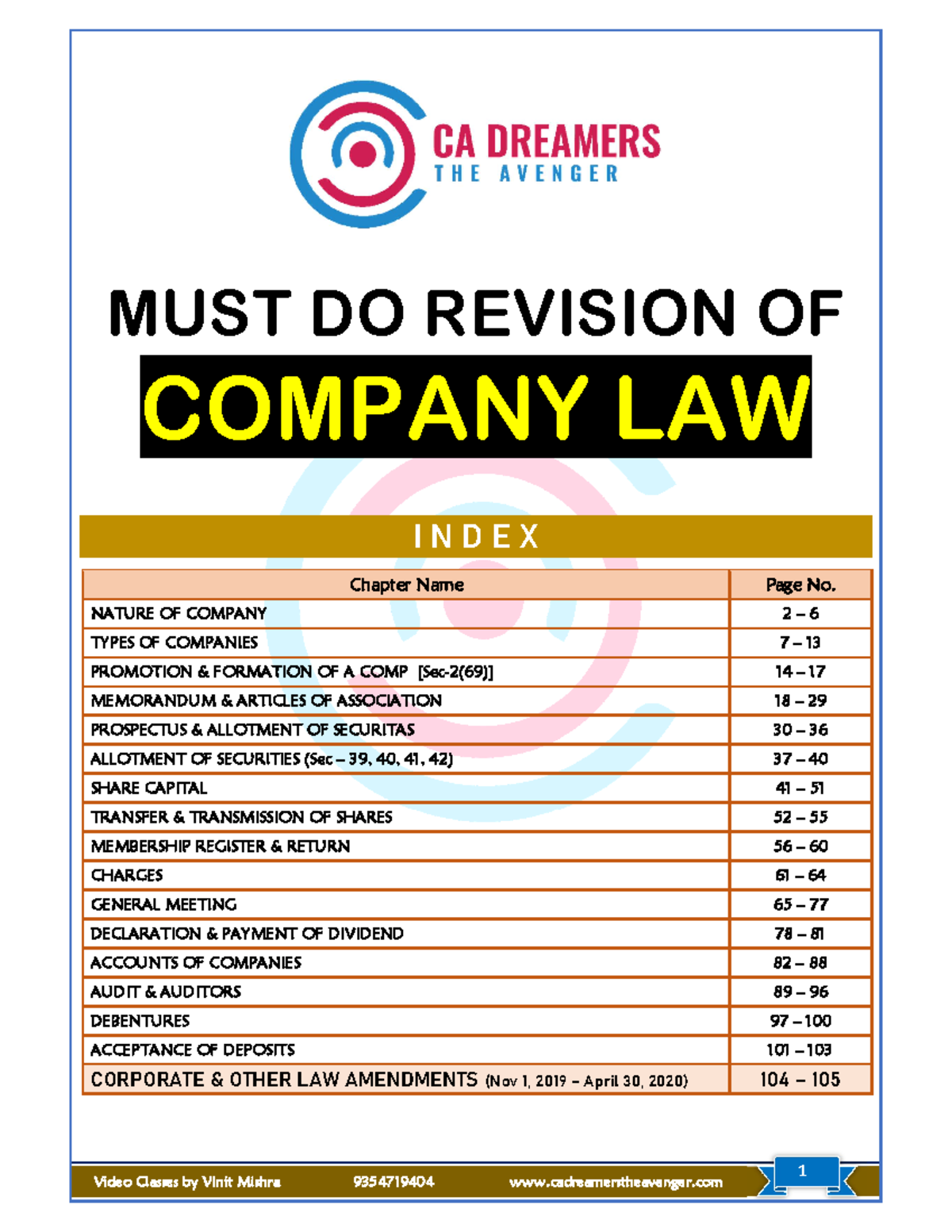 Law chapter wise notes - MUST DO REVISION OF COMPANY LAW I N D E X ...