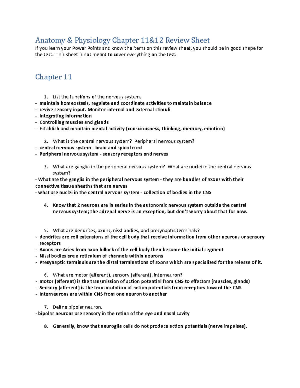 Chapters 11 and 12 Review Sheet - Anatomy & Physiology Chapter 11&12 Review Sheet If you - Studocu