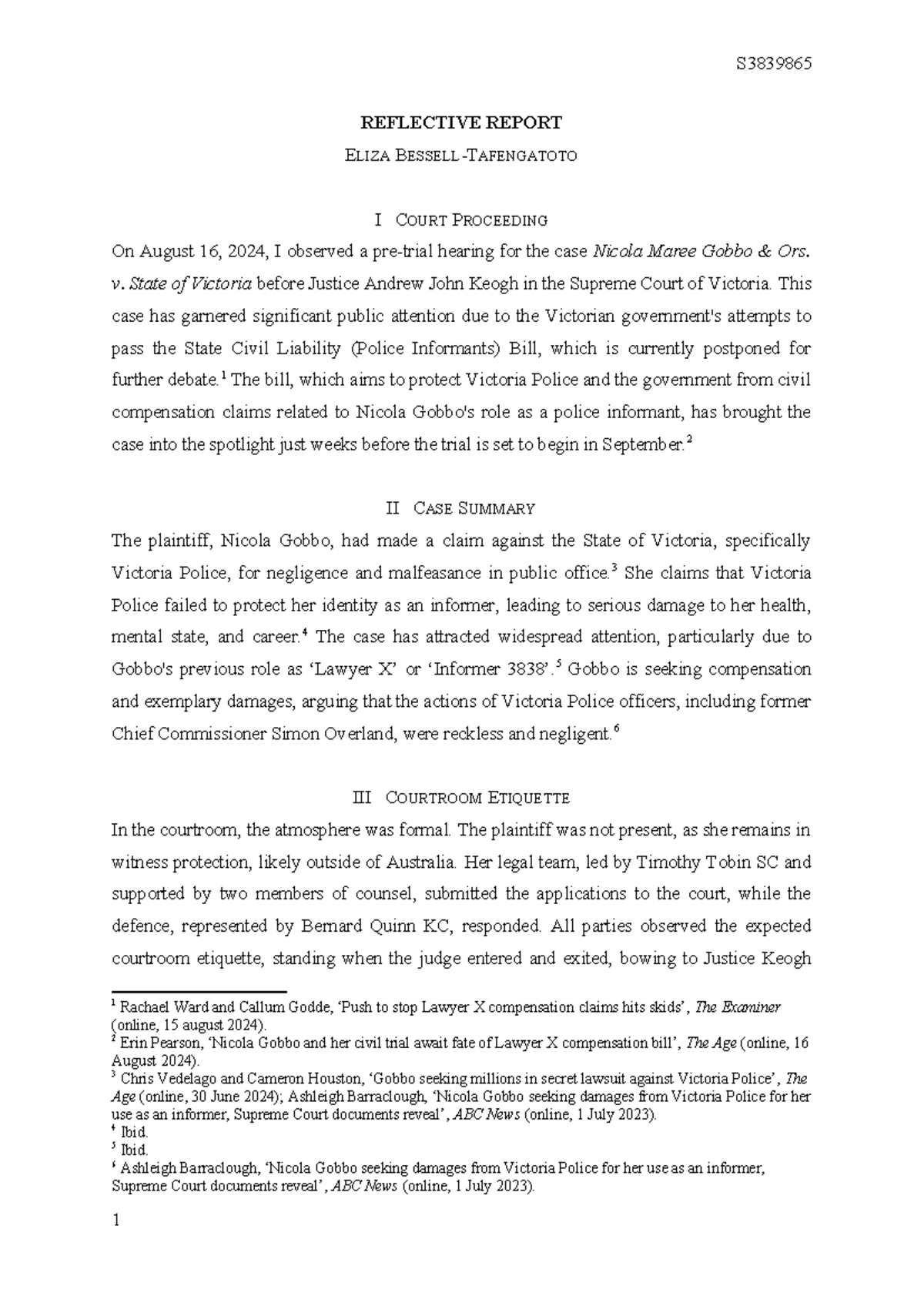 Reflective Report Journal Final - REFLECTIVE REPORT ELIZA BESSELL-TAFENGATOTO I COURT PROCEEDING ...