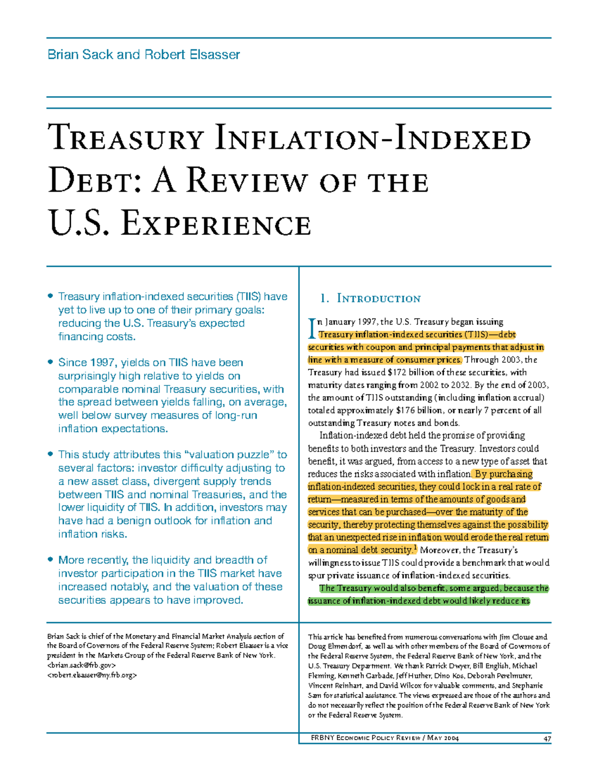 Brian Sack and Robert Elsasser - FRBNY Economic Policy Review / May ...