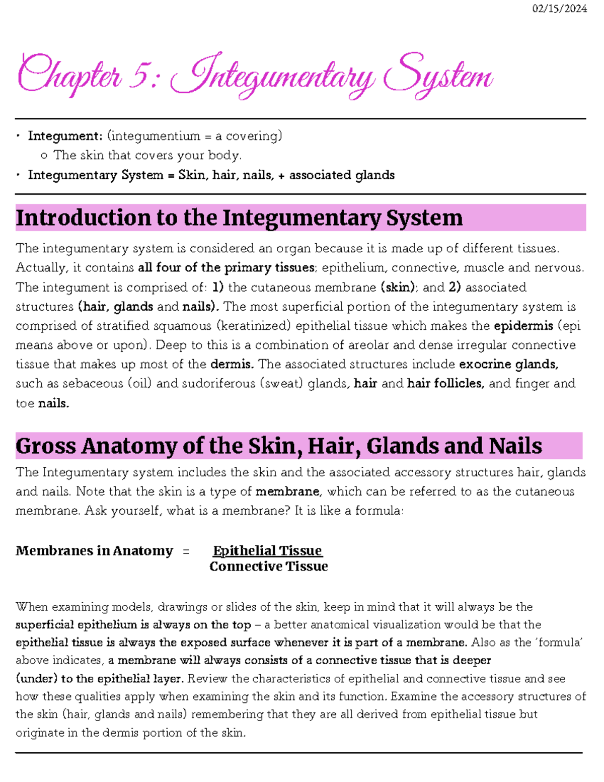 2113 Class Notes Feb 15 - 02/15/ Chapter 5: Integumentary System ...