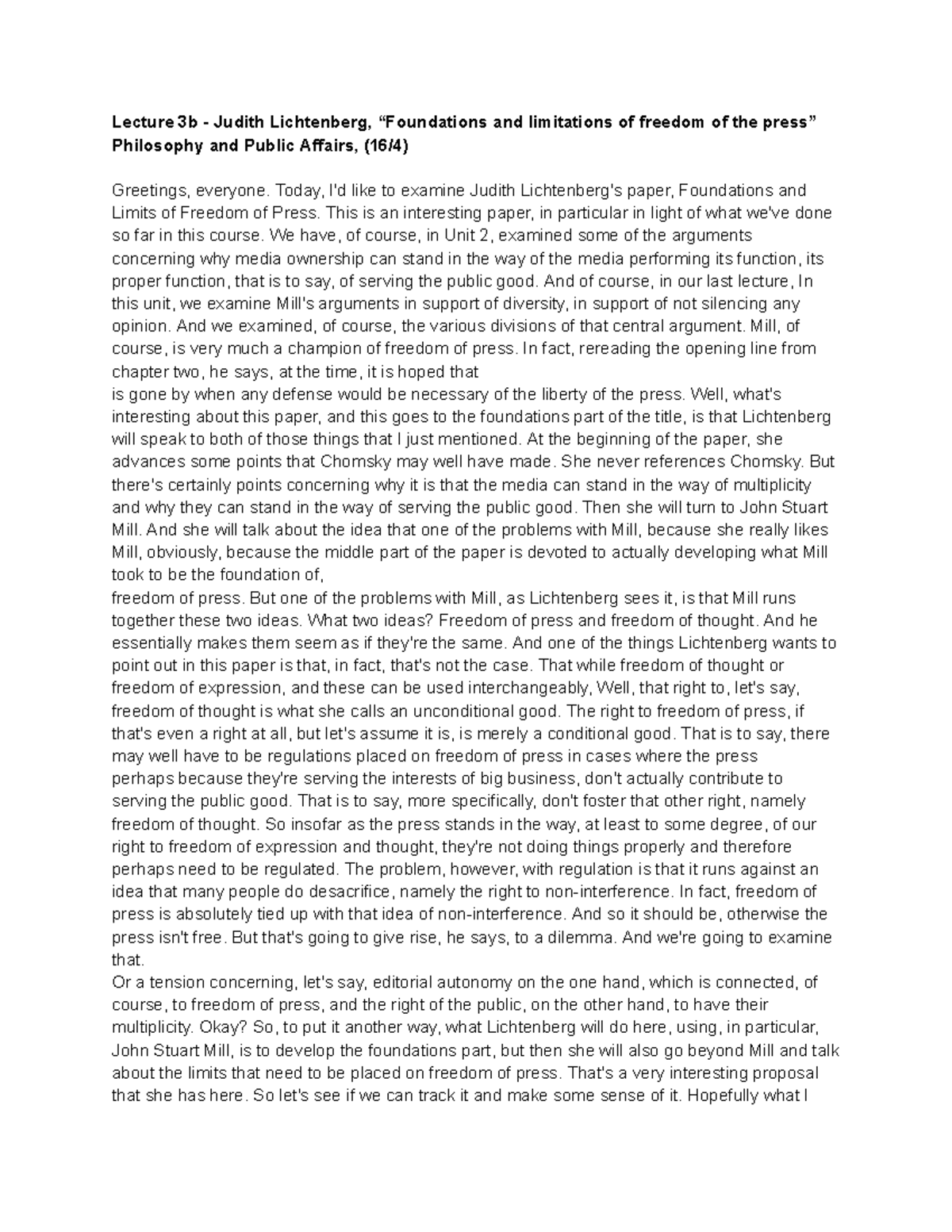 PHIL Lecture 3 - Transcript - Lecture 3b - Judith Lichtenberg, “Foundations and limitations of ...