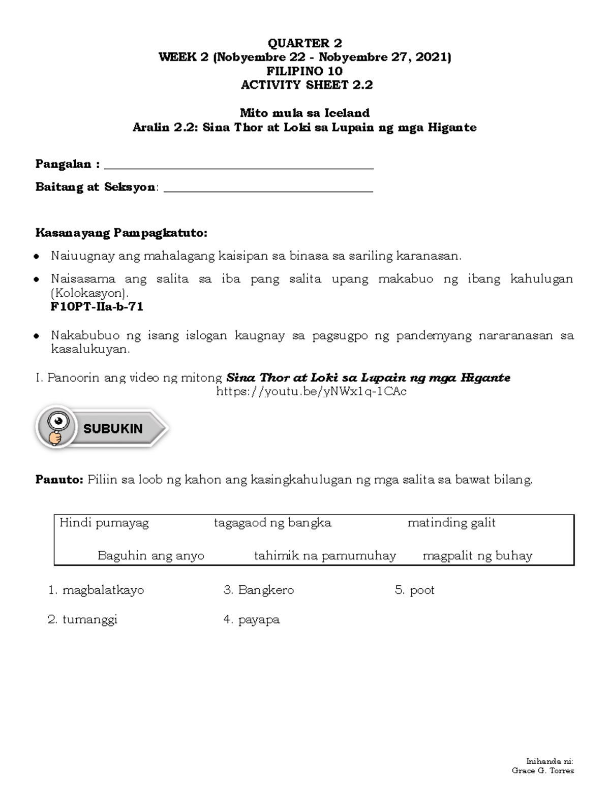 Q2W2 Activity-Sheet-2 - Inihanda ni: QUARTER 2 WEEK 2 (Nobyembre 22 - Nobyembre 27, 2021 ...