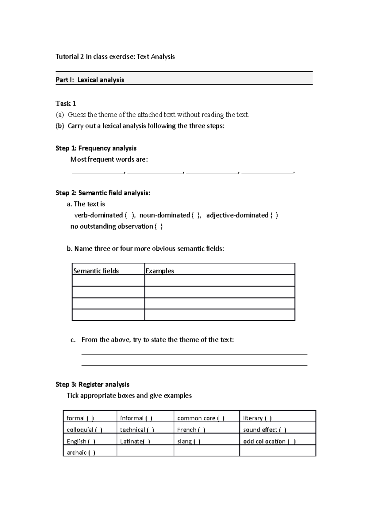 Week 2 Tutorial worksheets - Tutorial 2 In class exercise: Text ...
