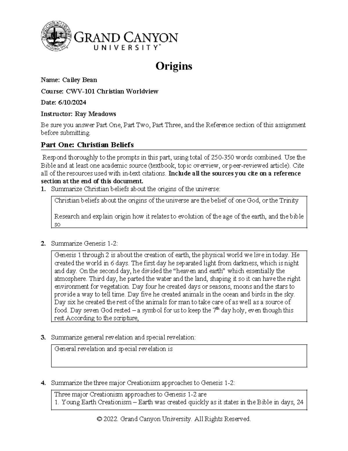 Christian Worldview CWV 101 301 RS Topic 2 Origins Online -Creation ...