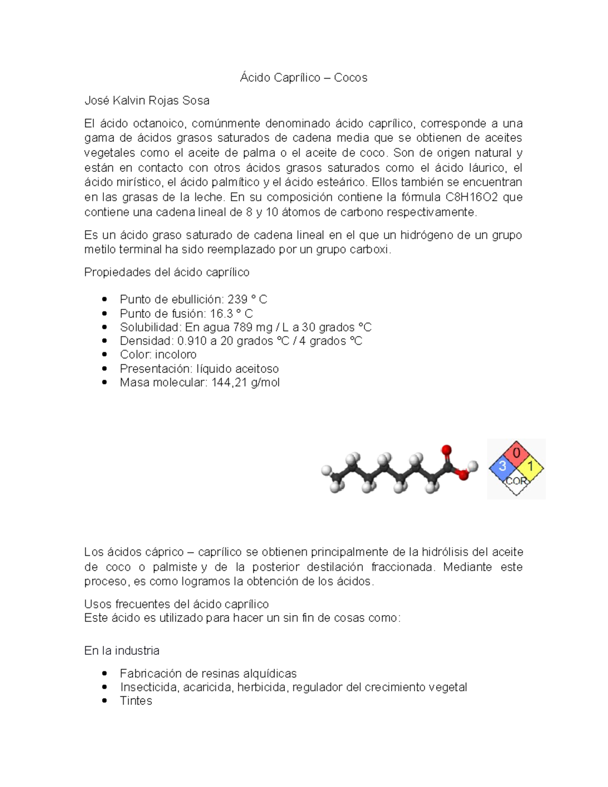 Ácido Caprílico - Ácido Caprílico – Cocos José Kalvin Rojas Sosa El ...