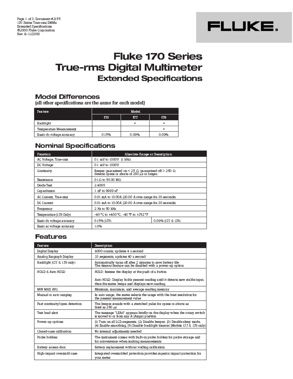 Fluke 170 - Page 1 of 3, Document # 170 Series True-rms DMMs Extended ...