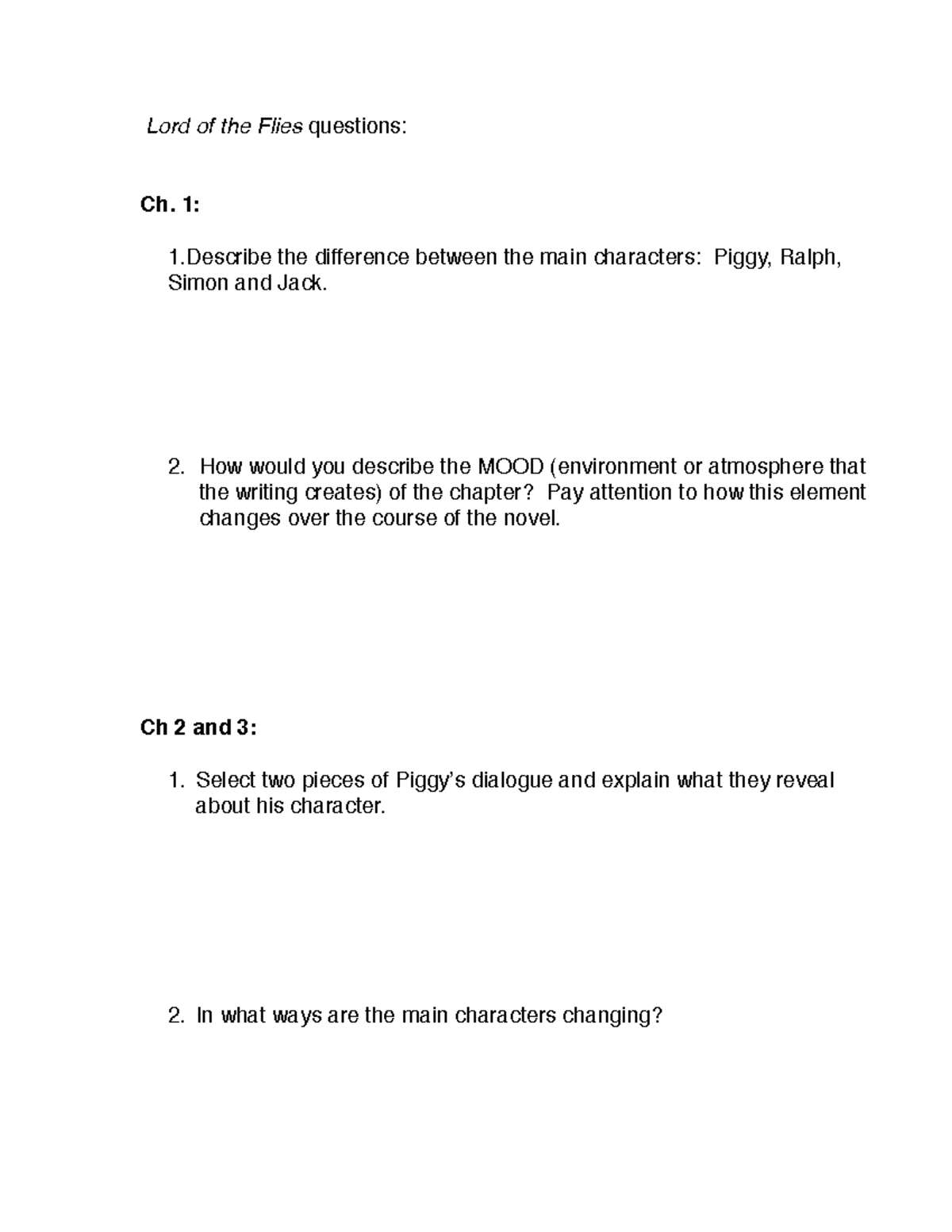 Lord of the Flies questions - 1: 1 the difference between the main ...