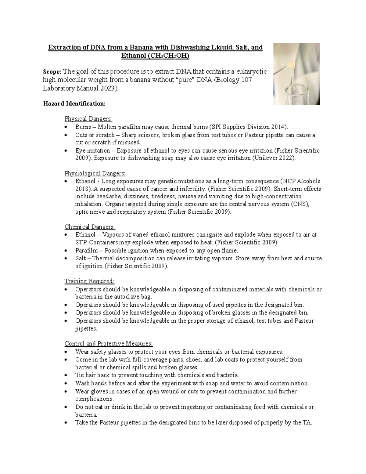 BIOL 107 Lab 7 SOP - Lab 7 SOP - Extraction of DNA from a Banana with ...