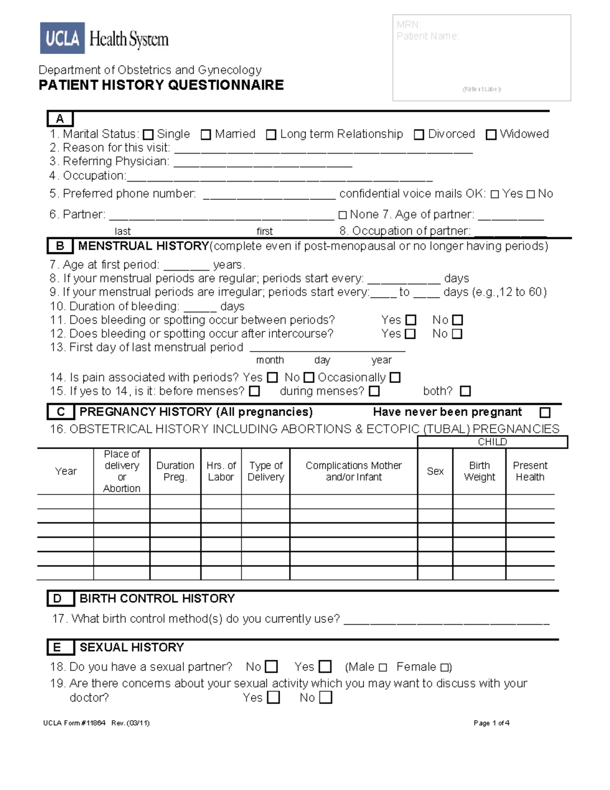 Patient History obgyn - practical exam - MRN: Patient Name: Department ...