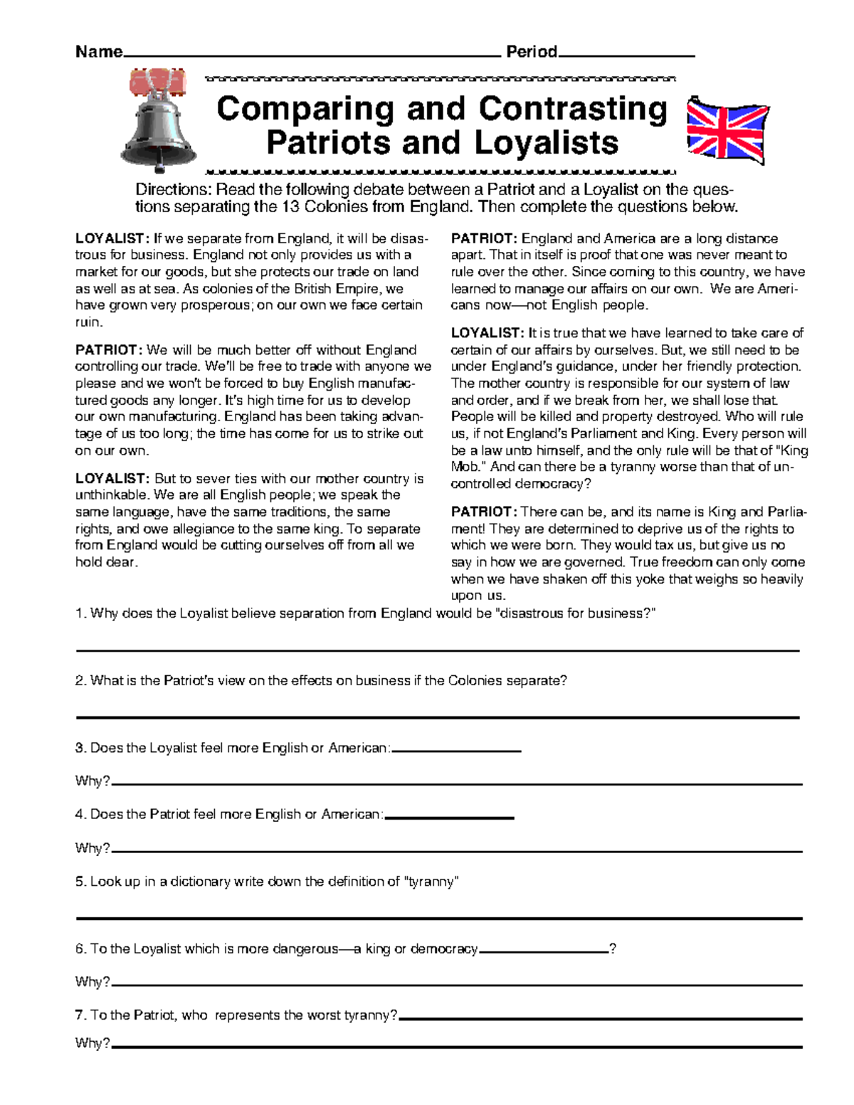 - 7 - Patriots vs Loyalists Debate - Name Period Comparing and ...
