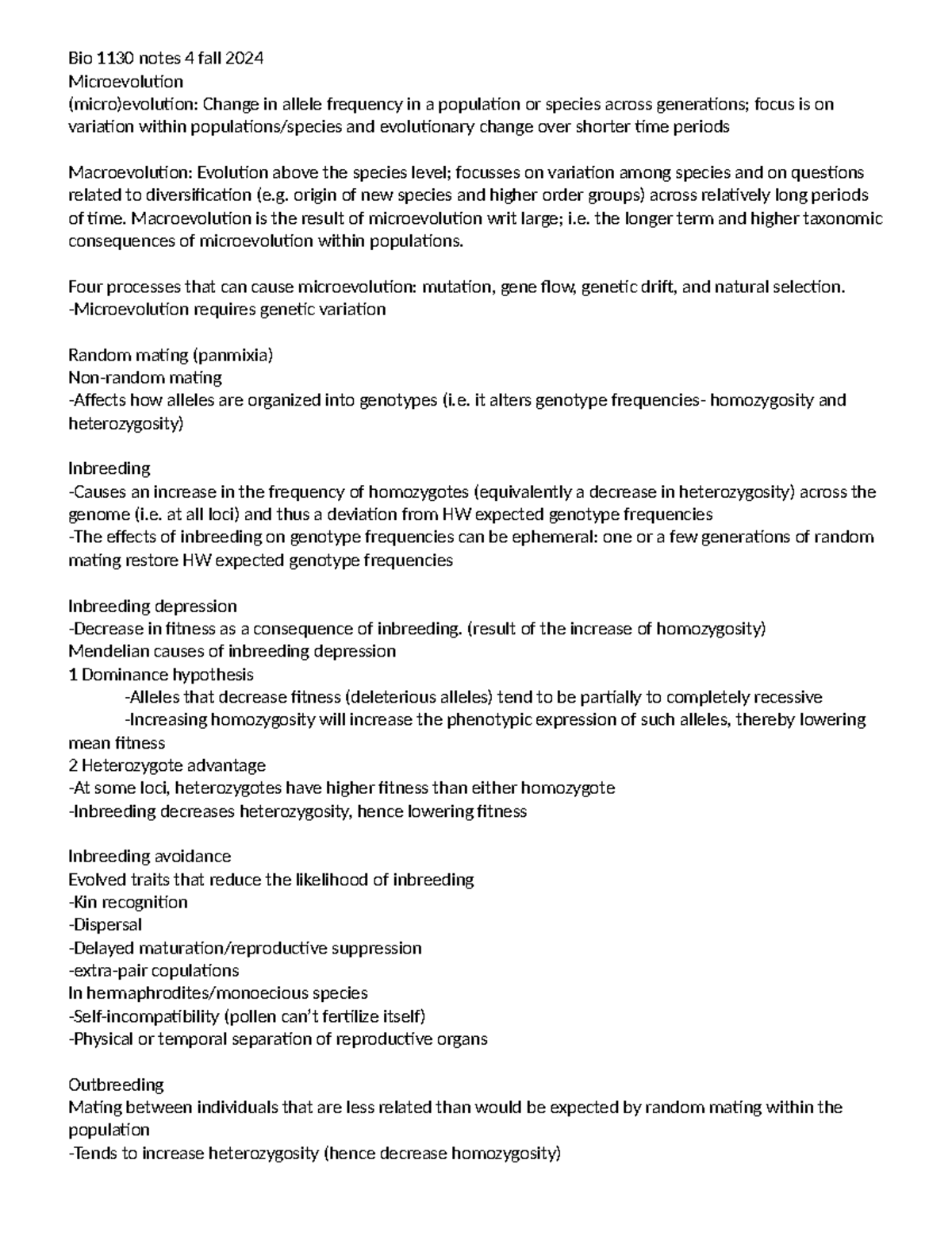Bio 1130 notes 4 fall 2024 - Bio 1130 notes 4 fall 2024 Microevolution ...