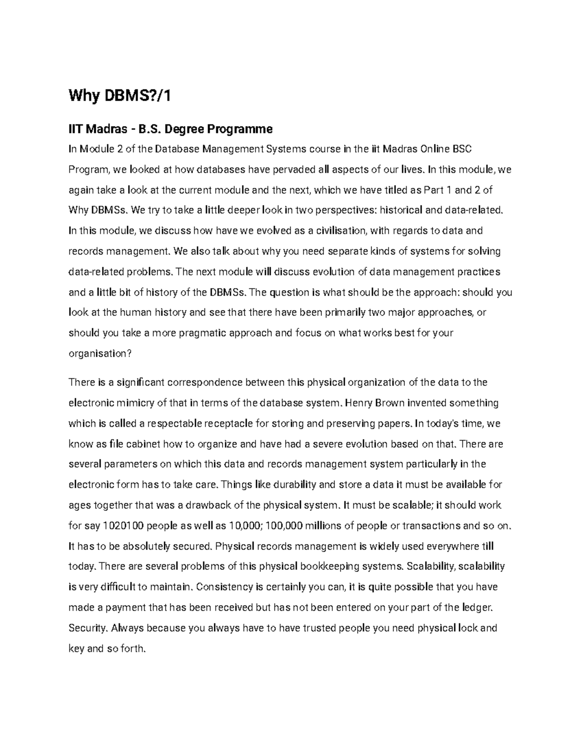 Dbms Part 2 Lecture Notes Why Dbms Iit Madras B Degree