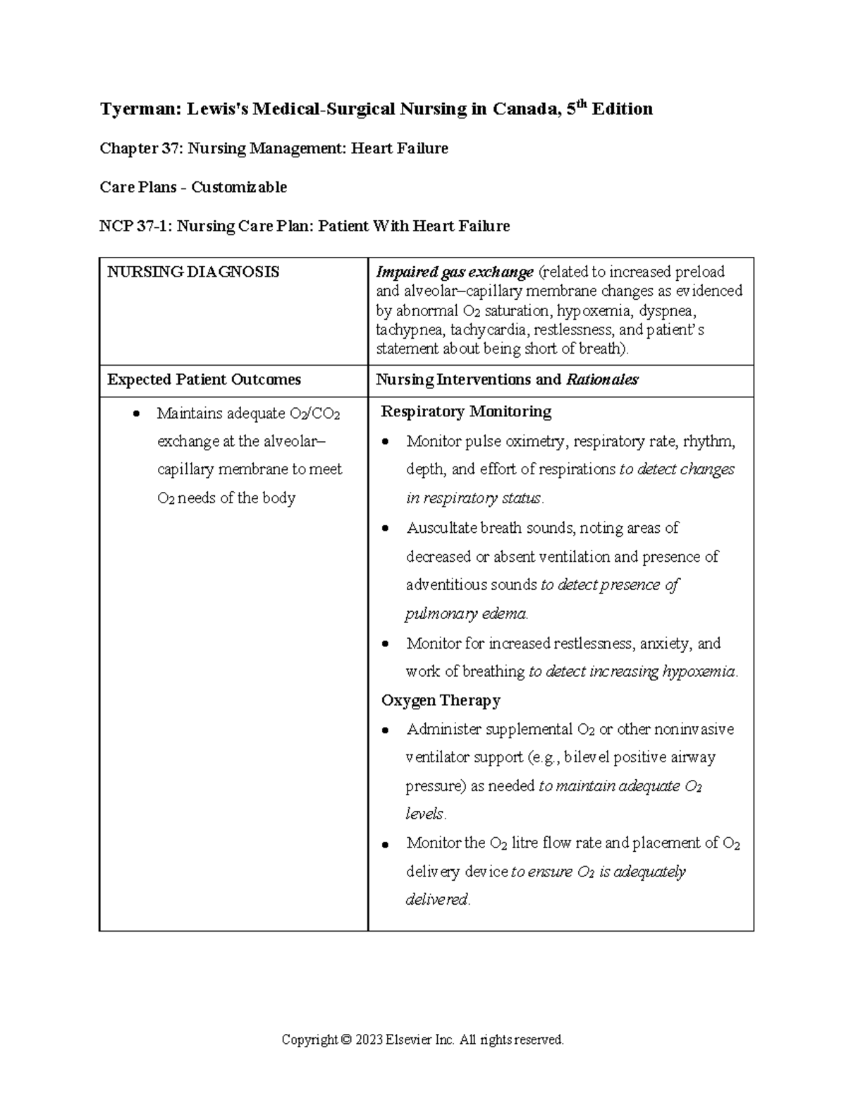 NCP Heart Failure - Nursing Care Plan - Tyerman: Lewis's Medical ...