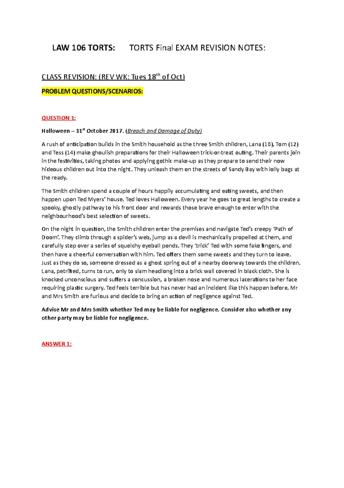 Torts Problem Solving - Revision Notes - LAW 106 TORTS: TORTS Final ...