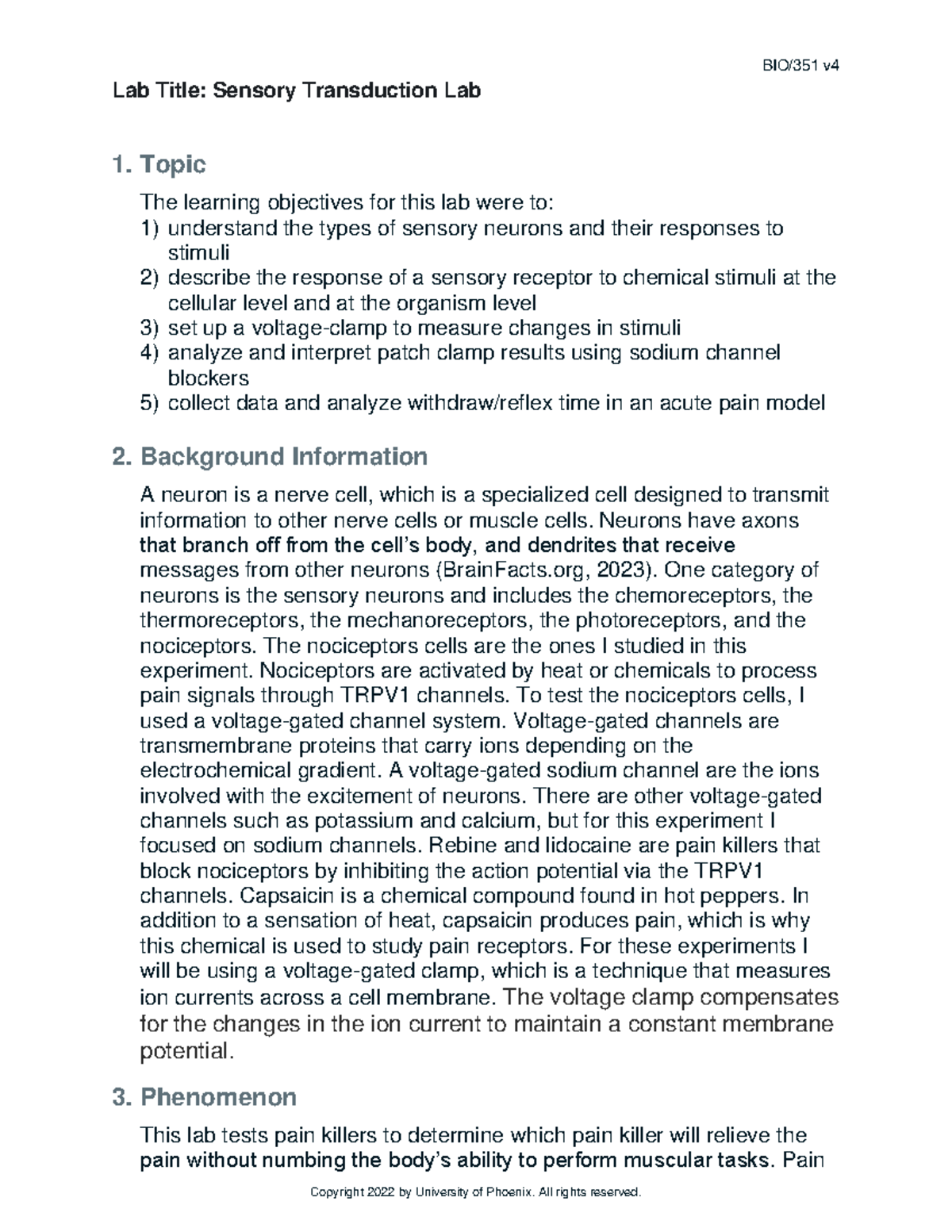 Sensory Transd Lab Report - Lab Title: Sensory Transduction Lab 1 ...