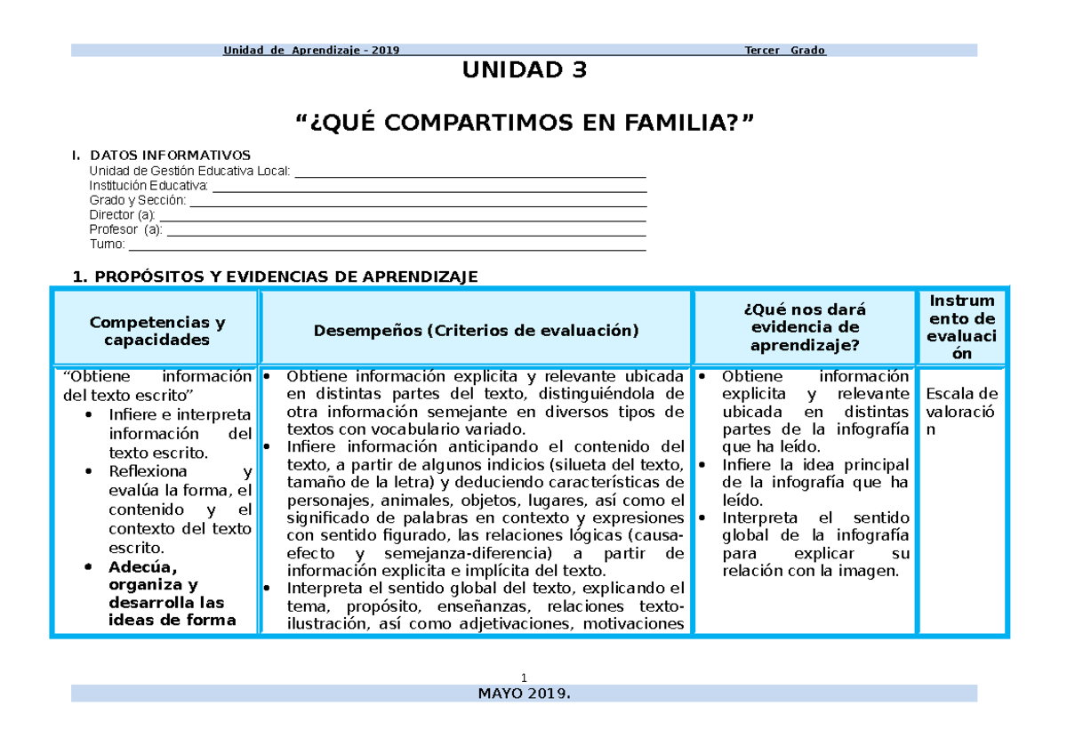 Unidad DE Aprendizaje MAYO 3º - UNIDAD 3 “¿QUÉ COMPARTIMOS EN FAMILIA ...