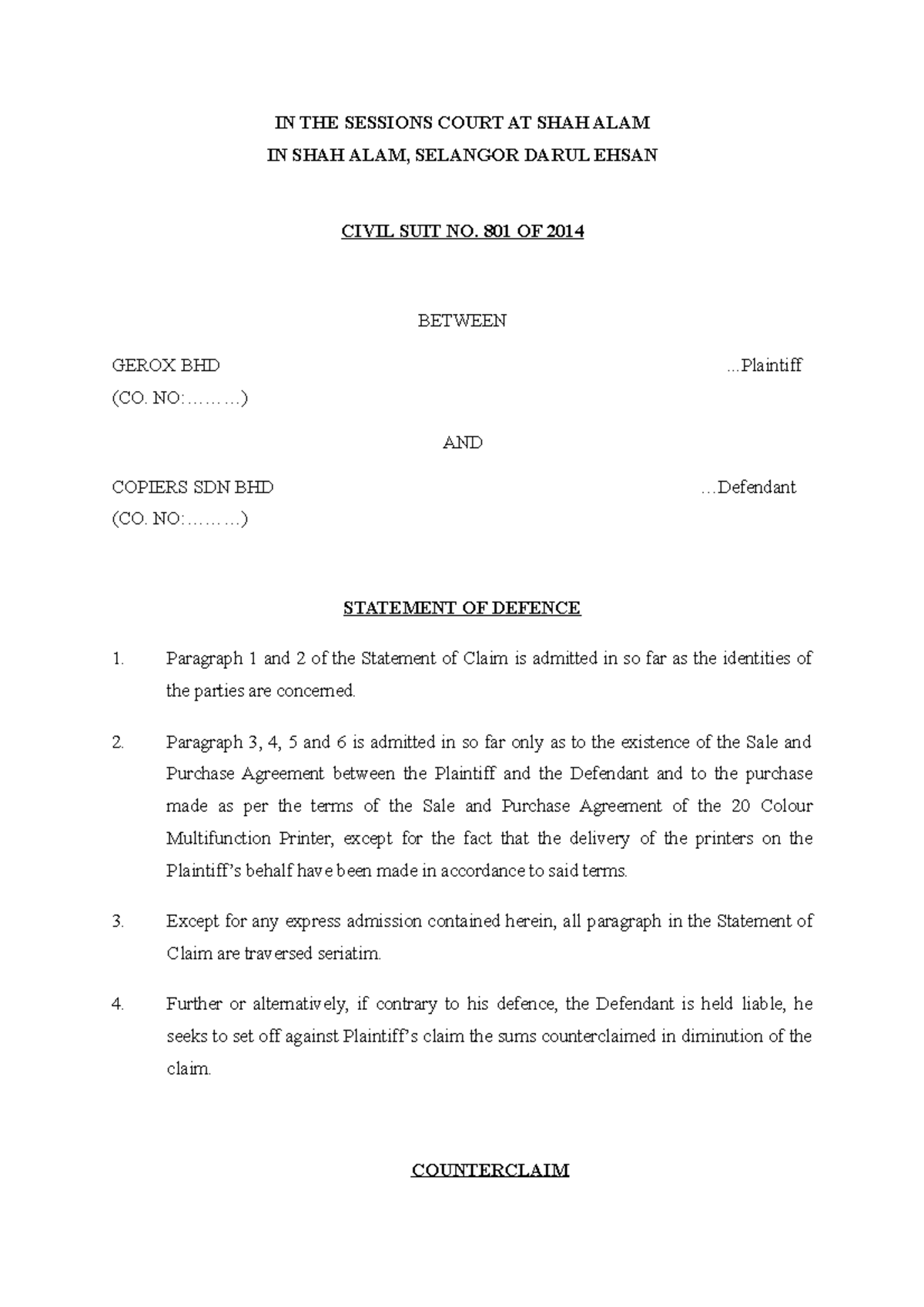 Statement Of Defence Malaysia Jessica James