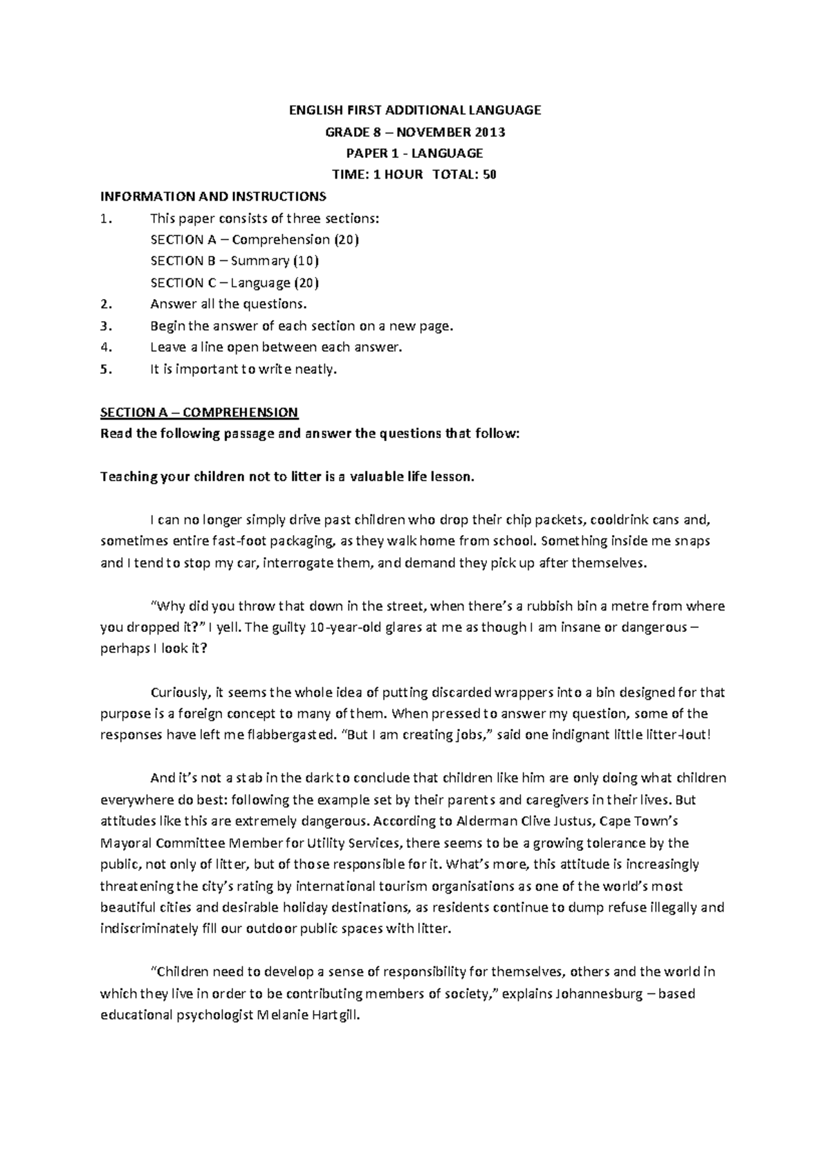 Gr-8-eng-fal-2013-p1-gr-8 - ENGLISH FIRST ADDITIONAL LANGUAGE GRADE 8 ...