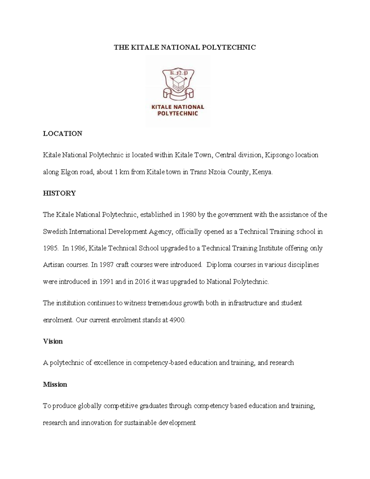 KNP History - NOTES - THE KITALE NATIONAL POLYTECHNIC LOCATION Kitale ...