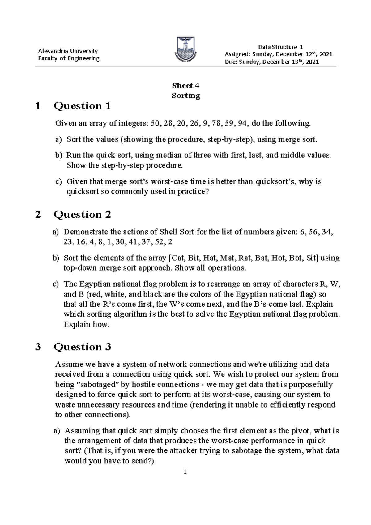 Sheet 4 - Alexandria University Faculty of Engineering Data Structure 1 ...