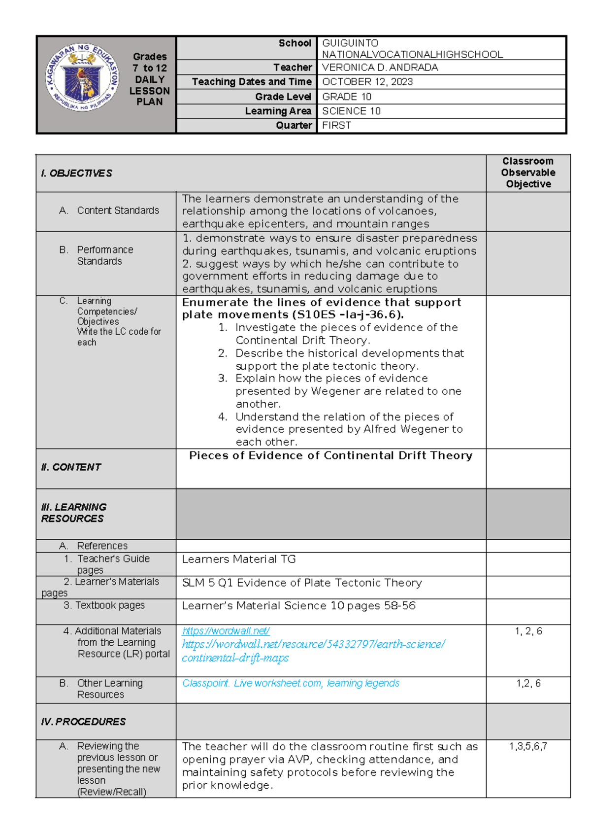 DLP-FOR- Classroom- Observation-Q1 Evidences OF Plate Tectonics ...