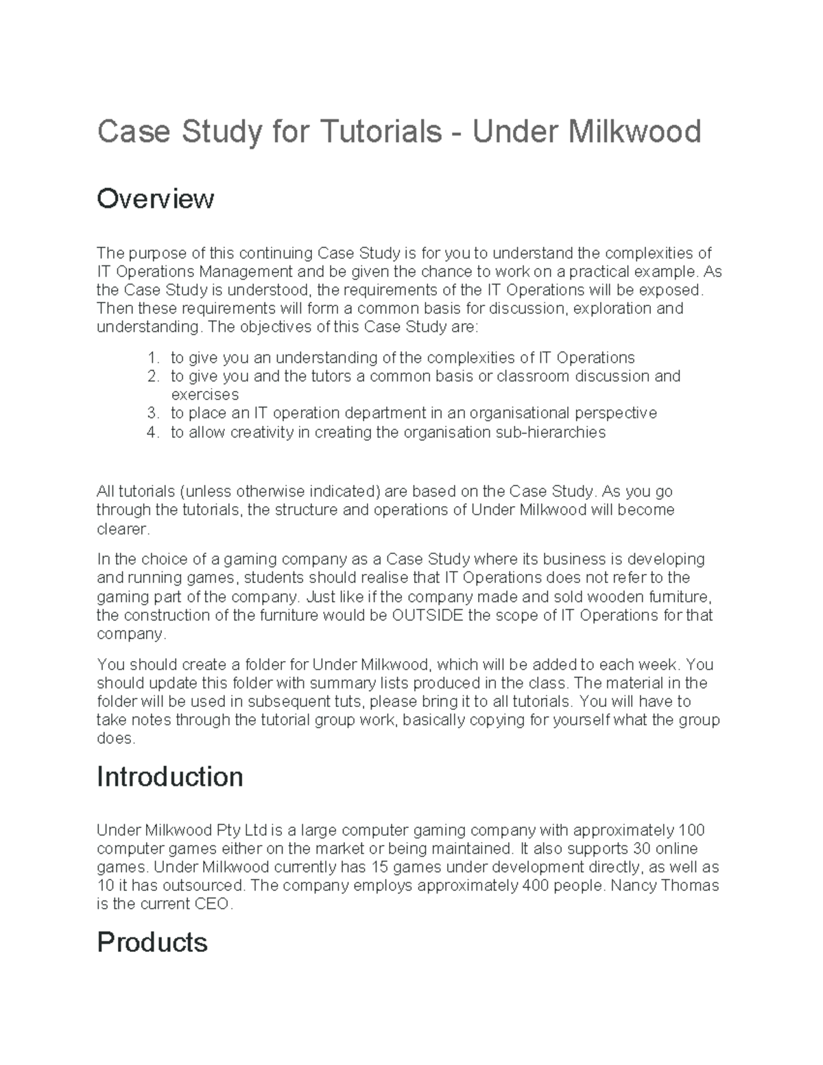 Case Study of Assignment - Case Study for Tutorials - Under Milkwood ...