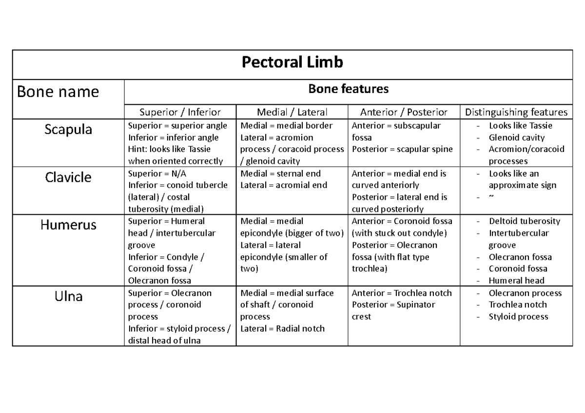 Tables for siding bones - Pectoral Limb Bone name Bone features ...