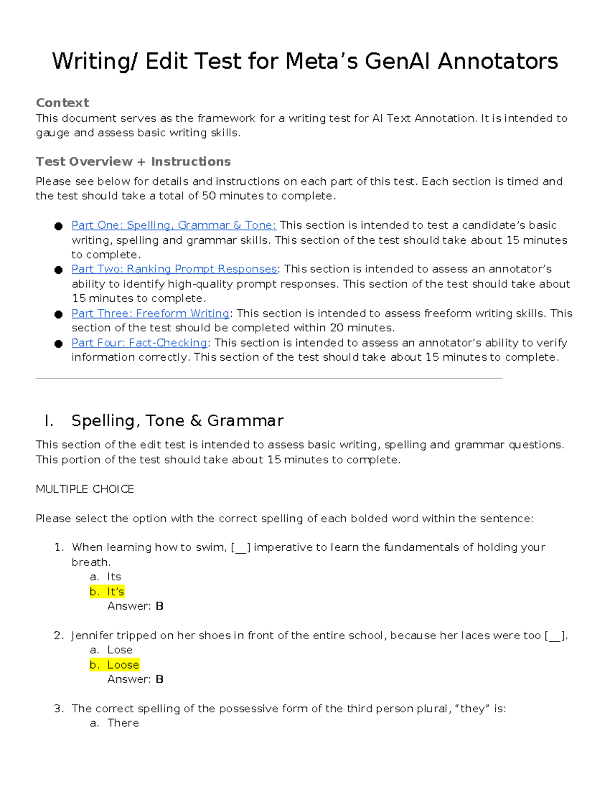 Writing & Edit Test for Meta's Gen AI Answered - Writing/ Edit Test for ...
