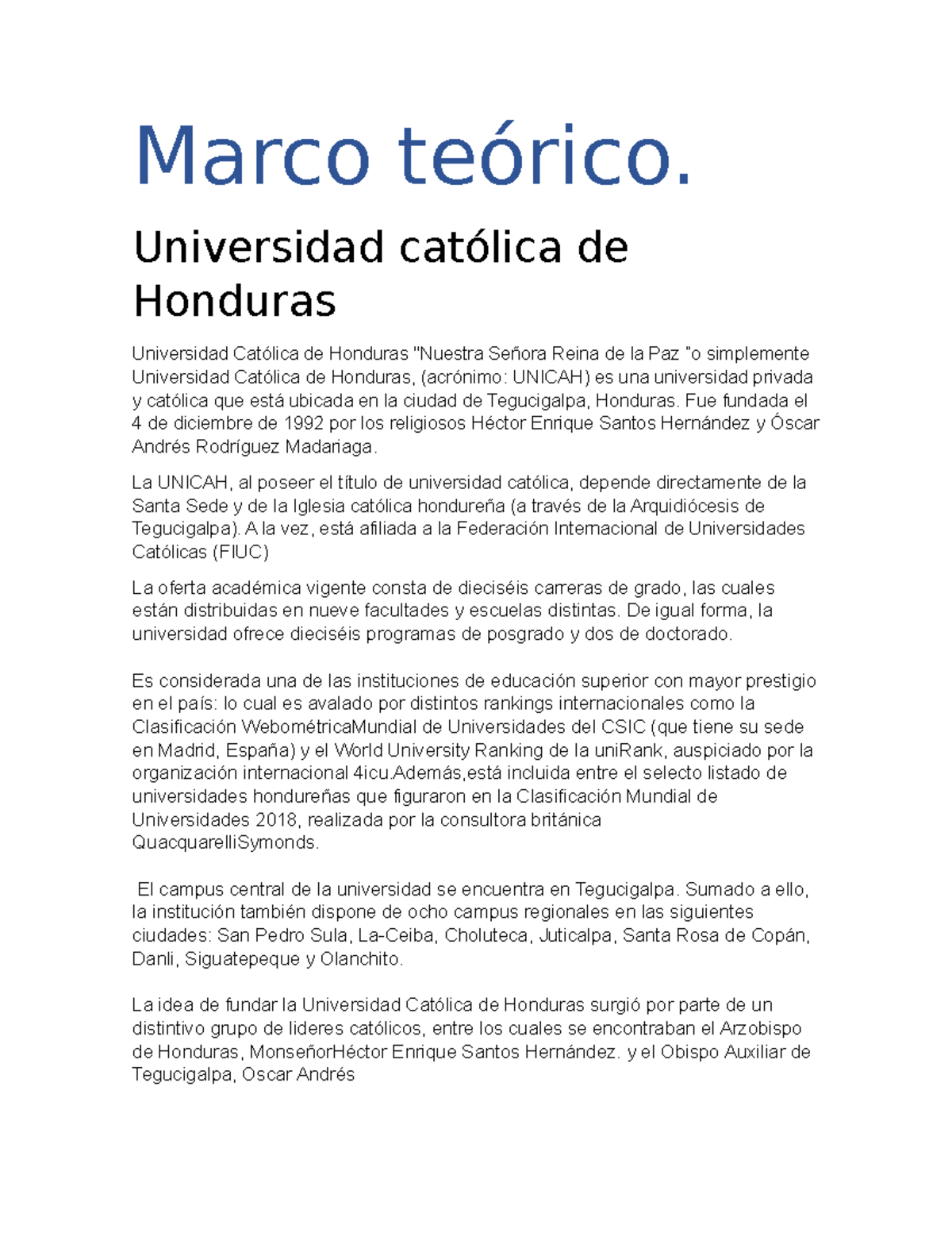 Marco - Nota: 10 - Marco teórico. Universidad católica de Honduras ...