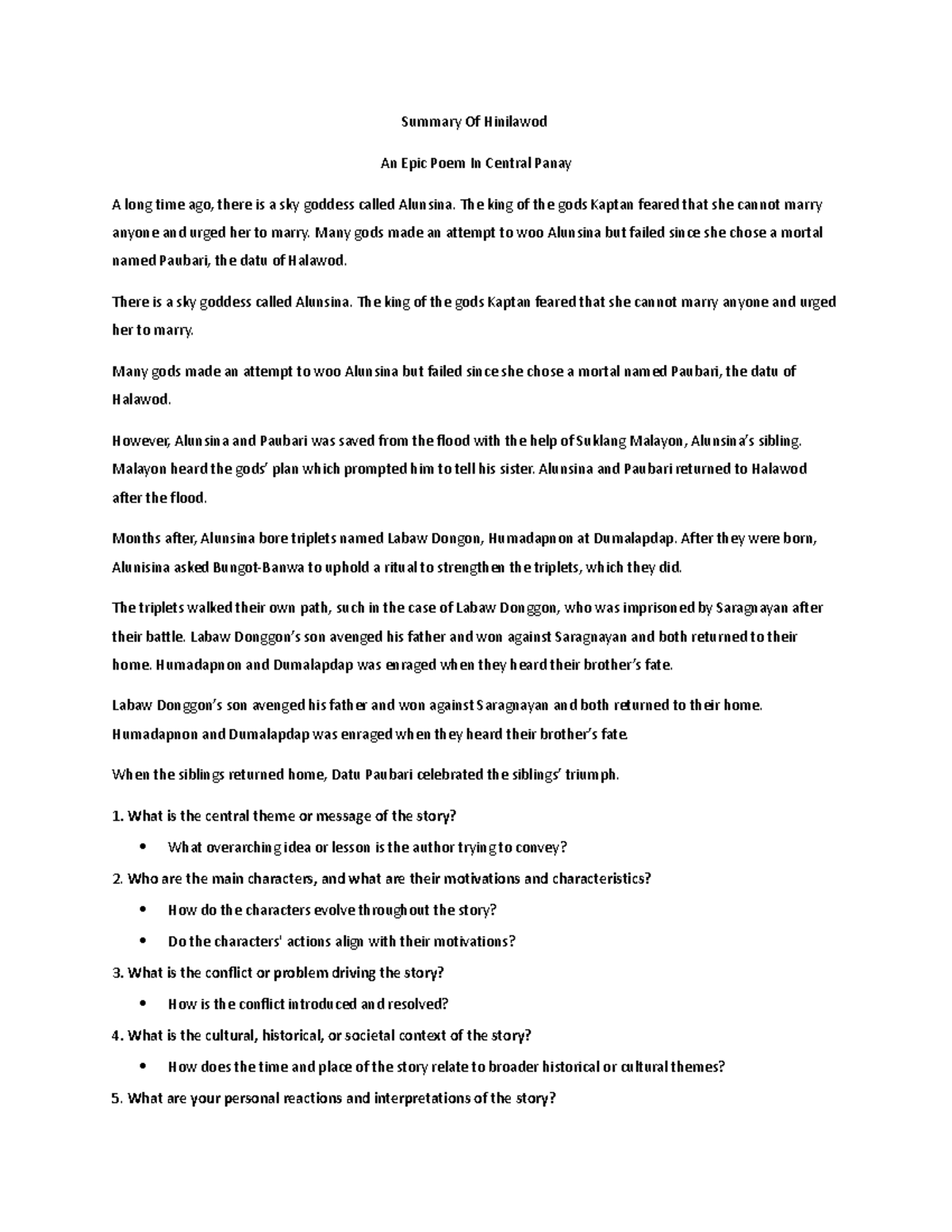 Summary Of Hinilawod for 21st Century - Summary Of Hinilawod An Epic ...