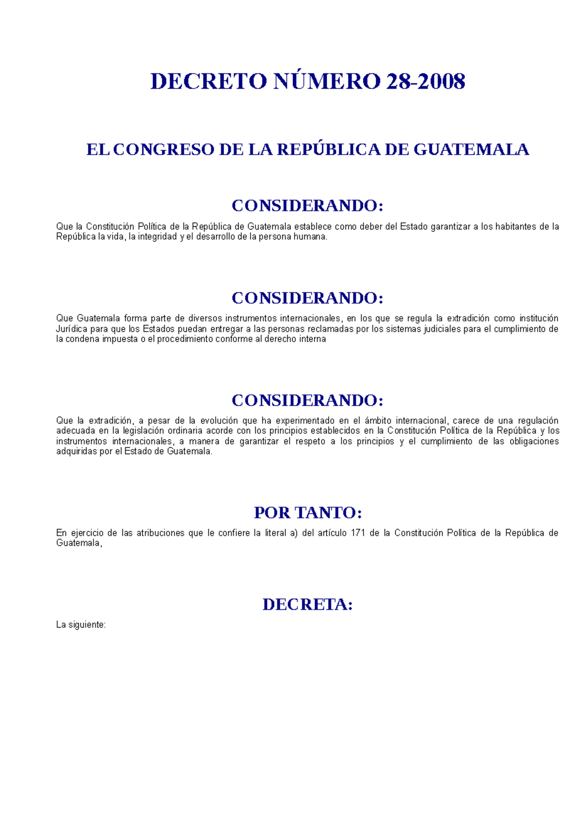 59077 Decreto DEL Congreso 28-2008 - DECRETO NÚMERO 28- EL CONGRESO DE ...