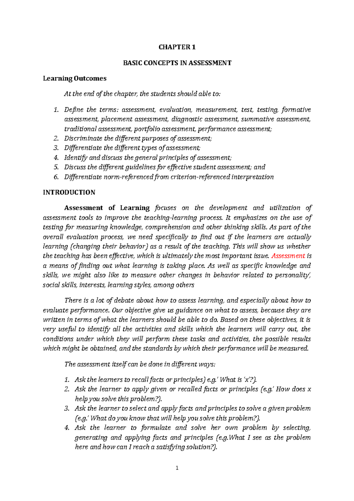 Assessment - THANK U - CHAPTER 1 BASIC CONCEPTS IN ASSESSMENT Learning Outcomes At the end of ...