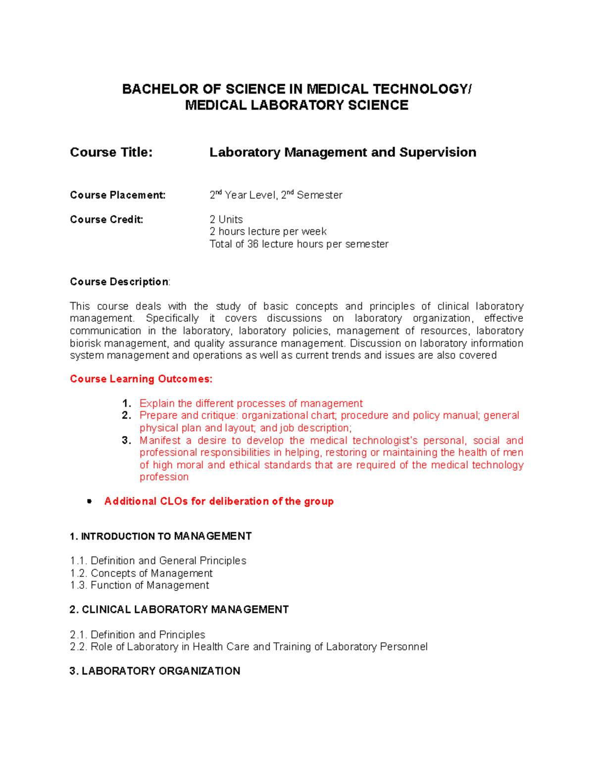 Course Outline Laboratory Management and Supervision - BACHELOR OF ...