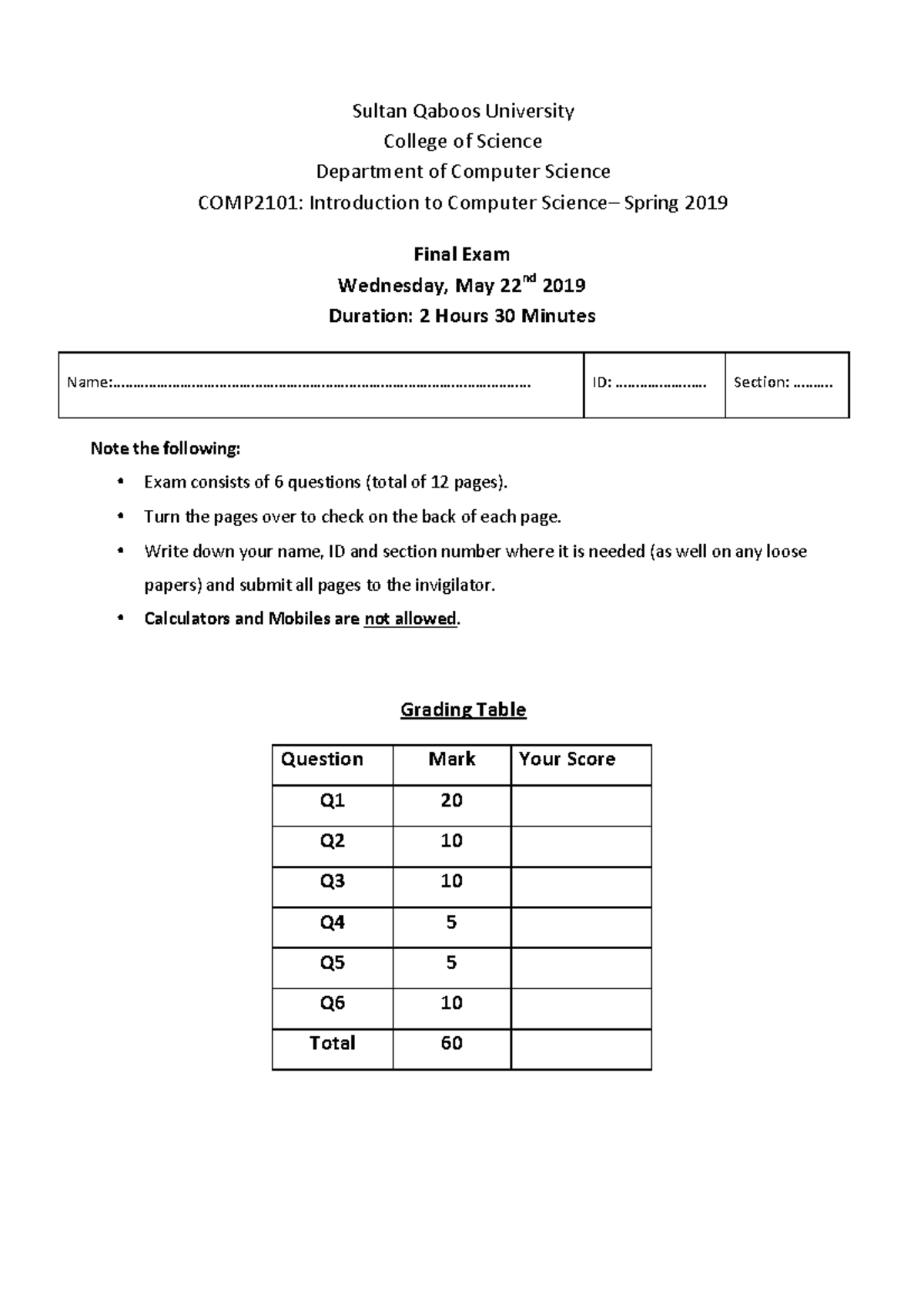 Final Spring 2019 - Sultan Qaboos University College of Science Department of Computer Science ...